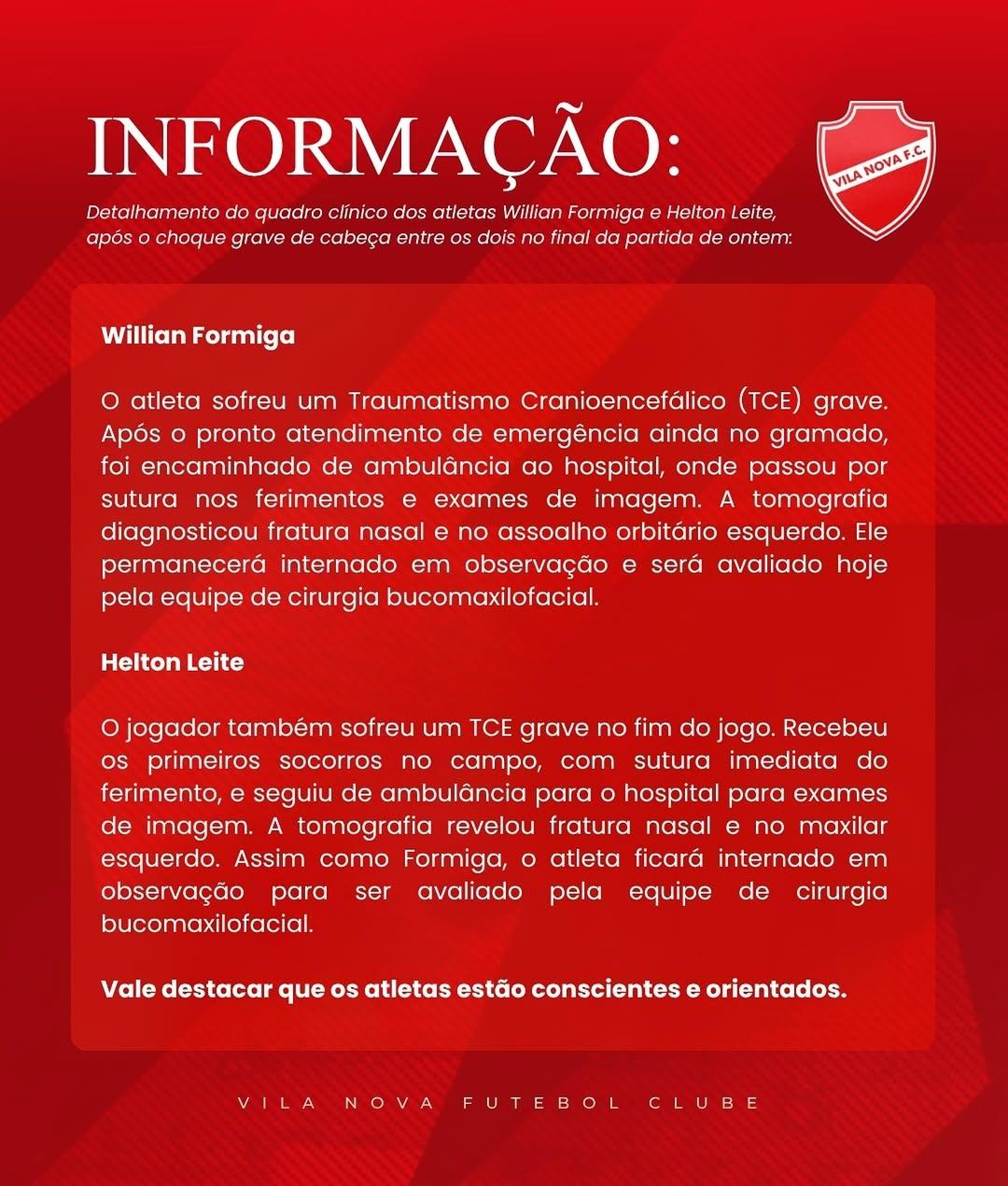 Vila Nova informa que Formiga e Helton Leite sofreram Traumatismo ...